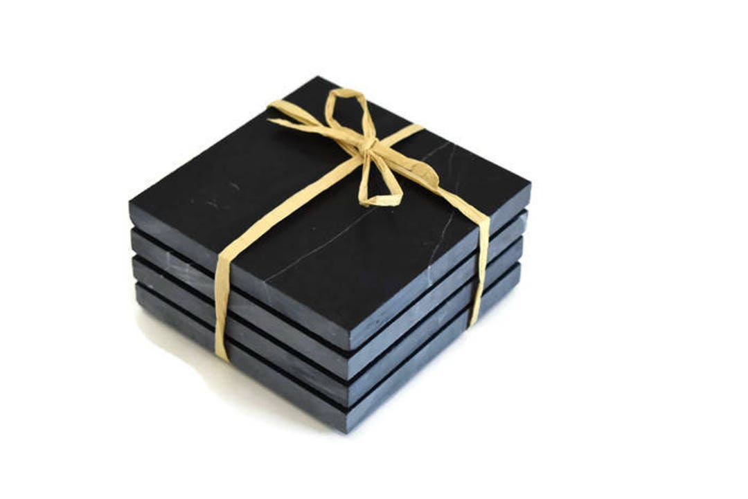 4 Square Black Marble Coasters - Etsy Australia