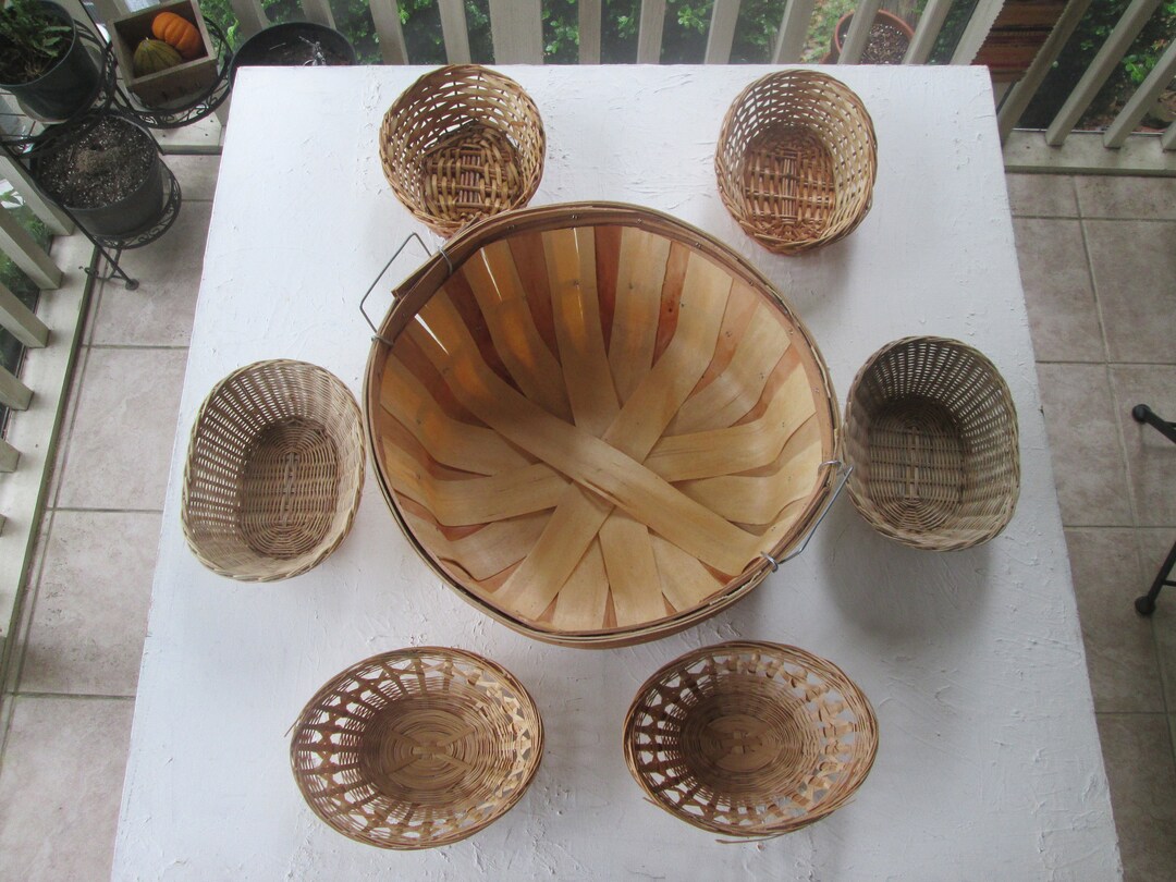Lot of 7 Baskets One Wood Slat Bushel Basket Six Wicker Baskets Shop ...