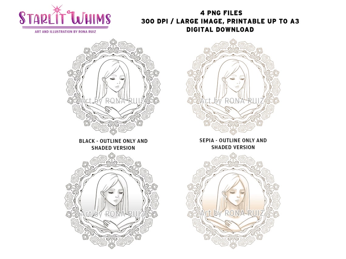 Helena Printable Coloring Page Fantasy Frame Instant Download Starlit ...