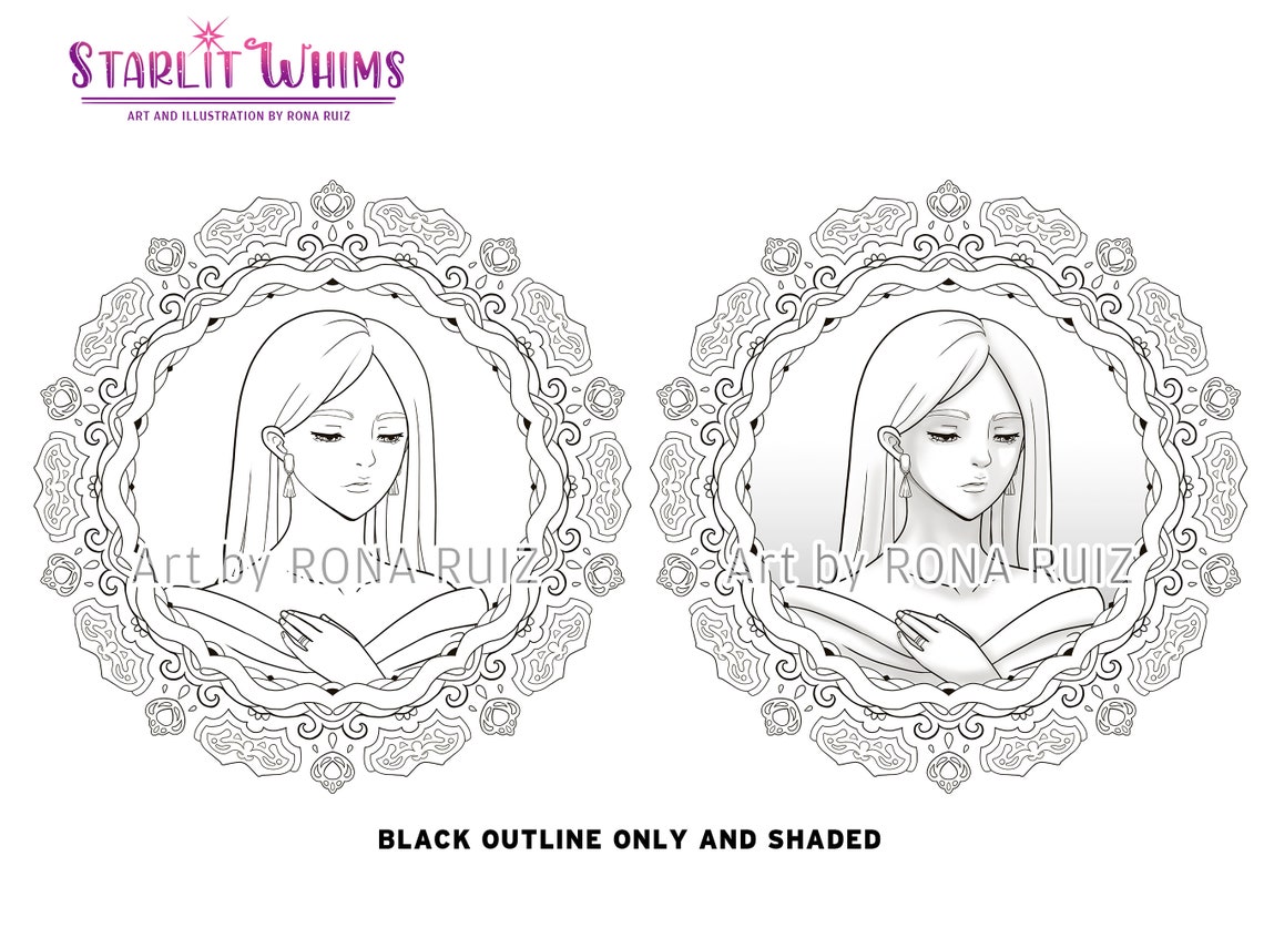 Helena Printable Coloring Page Fantasy Frame Instant Download Starlit ...