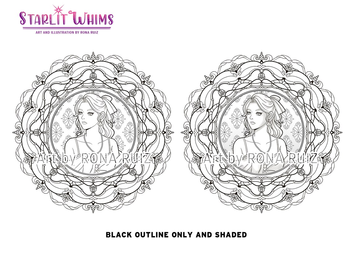 Antonia Printable Coloring Page Fantasy Frame Instant Download Starlit ...