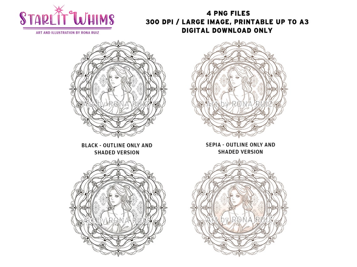 Antonia Printable Coloring Page Fantasy Frame Instant Download Starlit ...