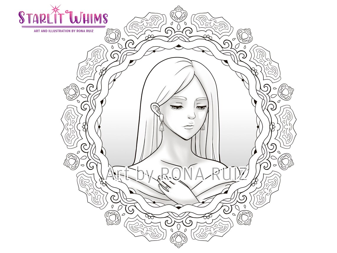 Helena Printable Coloring Page Fantasy Frame Instant Download Starlit ...