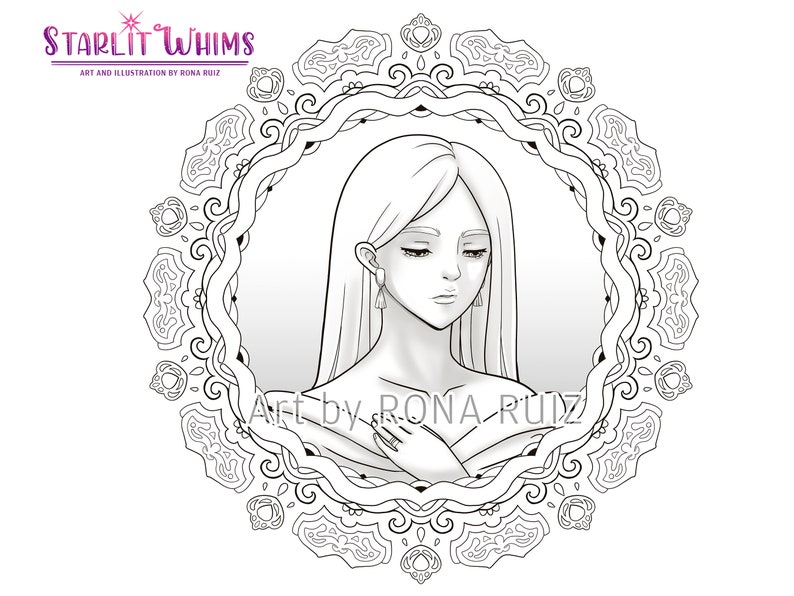 Helena Printable Coloring Page Fantasy Frame Instant Download Starlit ...