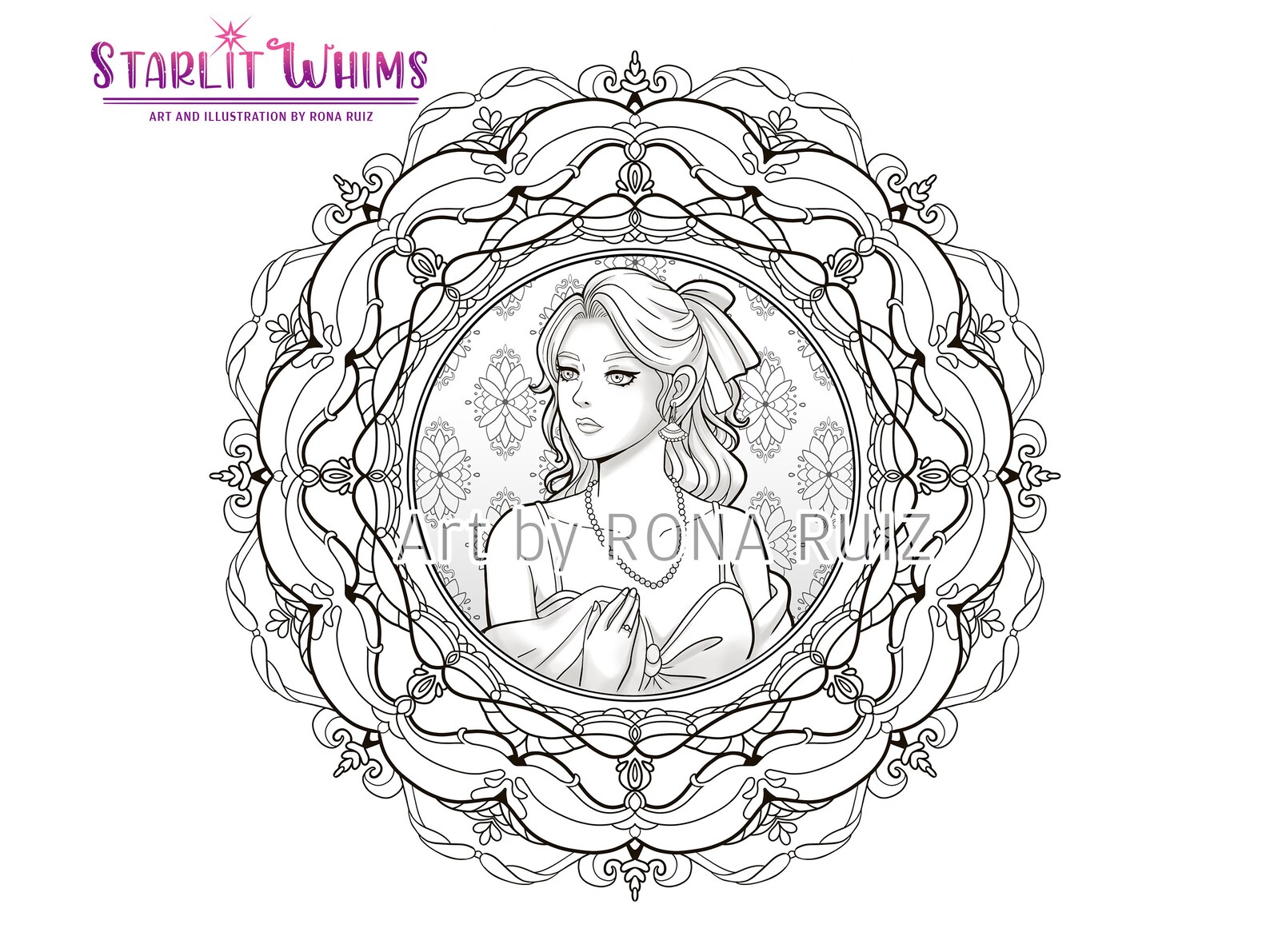 Antonia Printable Coloring Page Fantasy Frame Instant Download Starlit ...