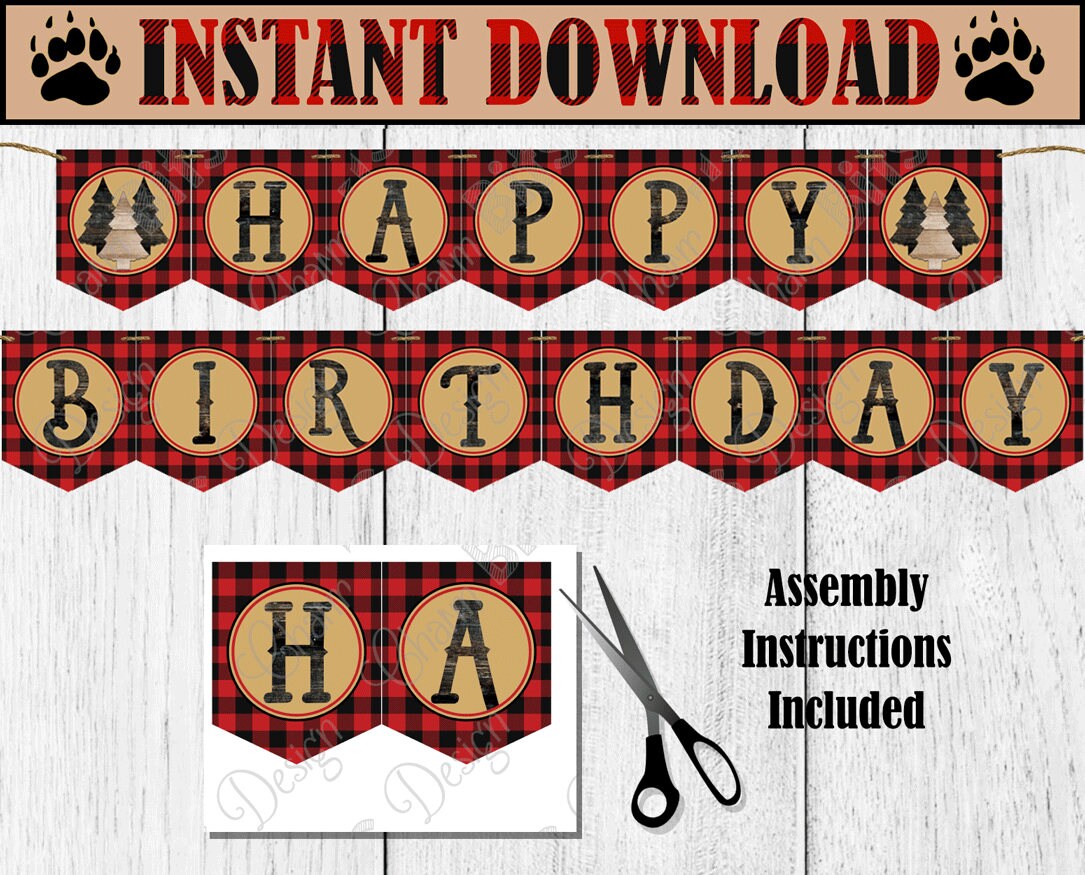 LUMBERJACK HAPPY BIRTHDAY Banner Instant Download 1st Birthday ...