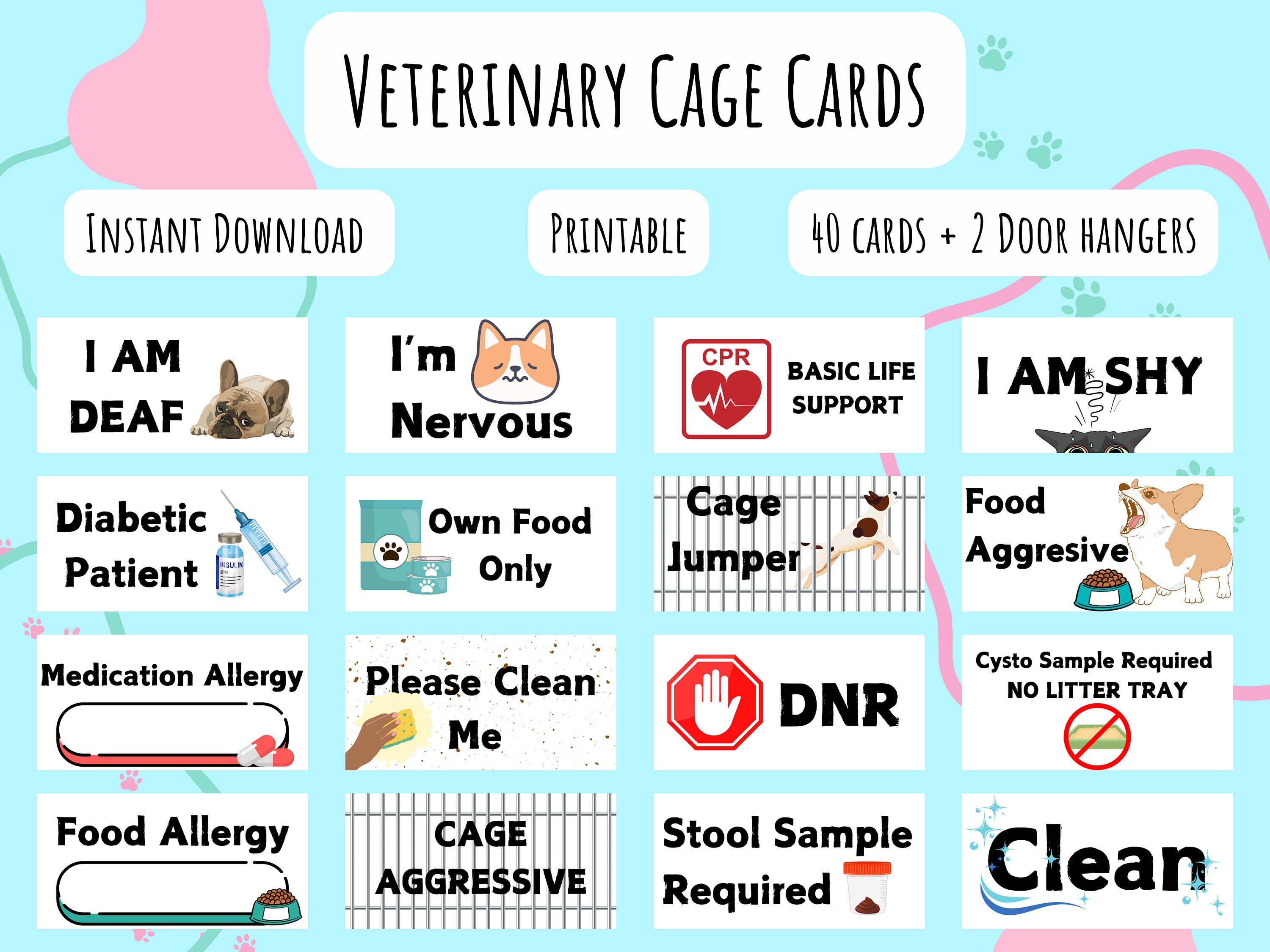 Plain Background Veterinary Cage Cards, DIGITAL DOWNLOAD, Printable ...