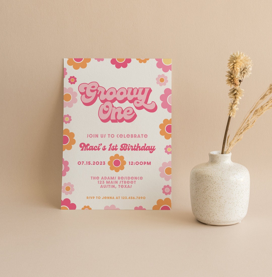 Groovy One Birthday Invitation Template Canva Downloadable Boho Retro ...