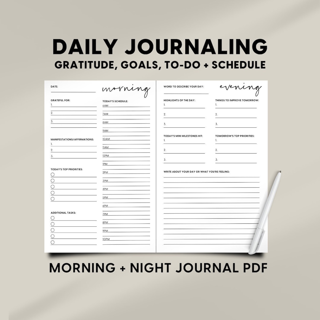 Daily Journal PDF Printable Gratitude Journaling Morning Evening Night ...