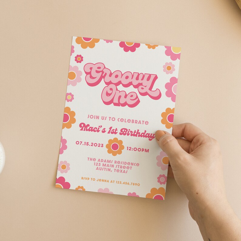Groovy One Birthday Invitation Template Canva Downloadable - Etsy
