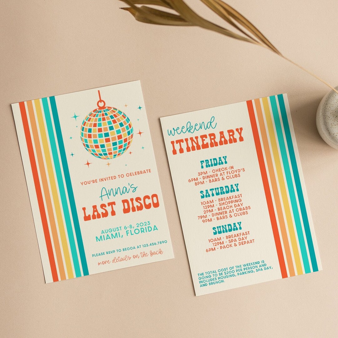 Editable Disco Bachelorette Party Template Invitation and Itinerary ...