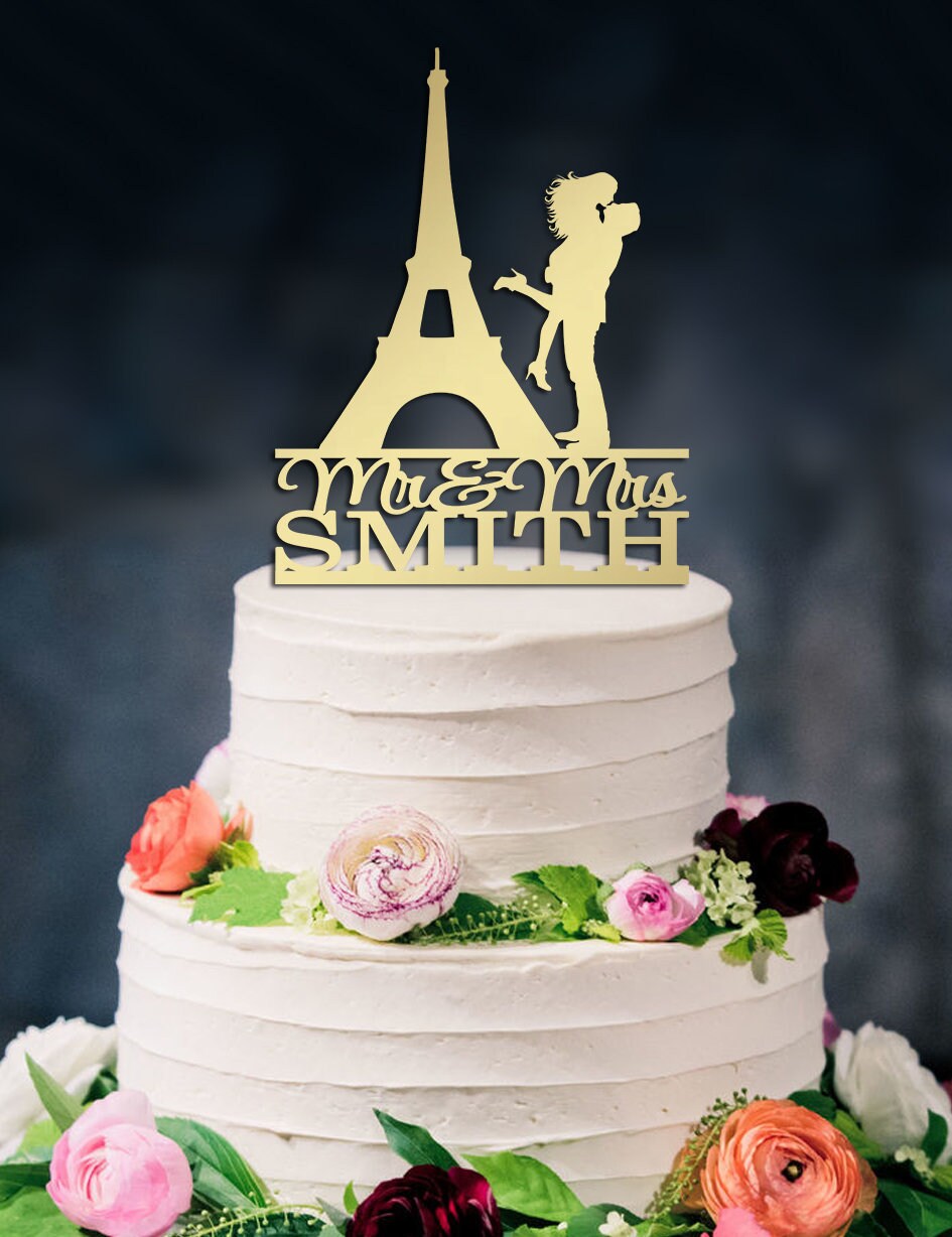 Eiffel Tower Wedding Cake Topper,kissing Couple Silhouette,custom Mr ...