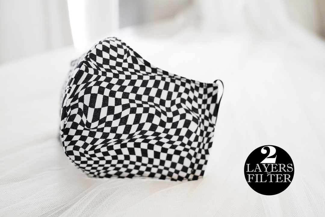Plaid Fabric Face Mask With Filter, Black & White, 3 Layers, Washable ...