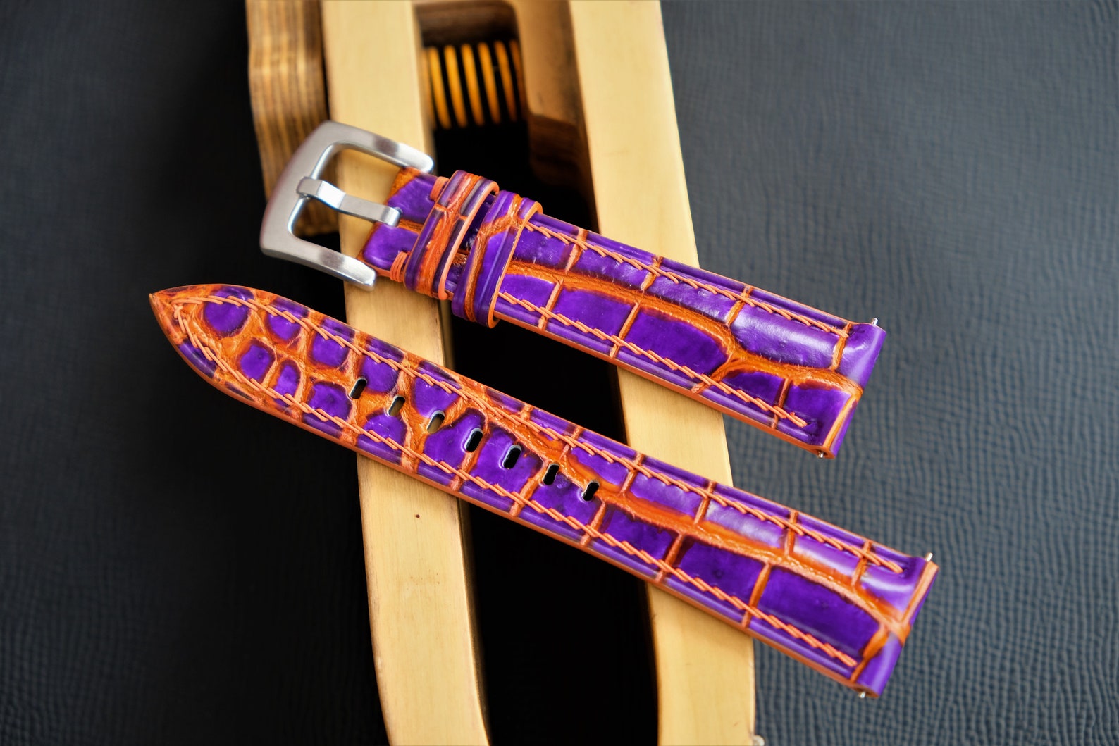 Handmade Exotic Leather Watch Strap: Purple & Orange, Custom Size - Etsy