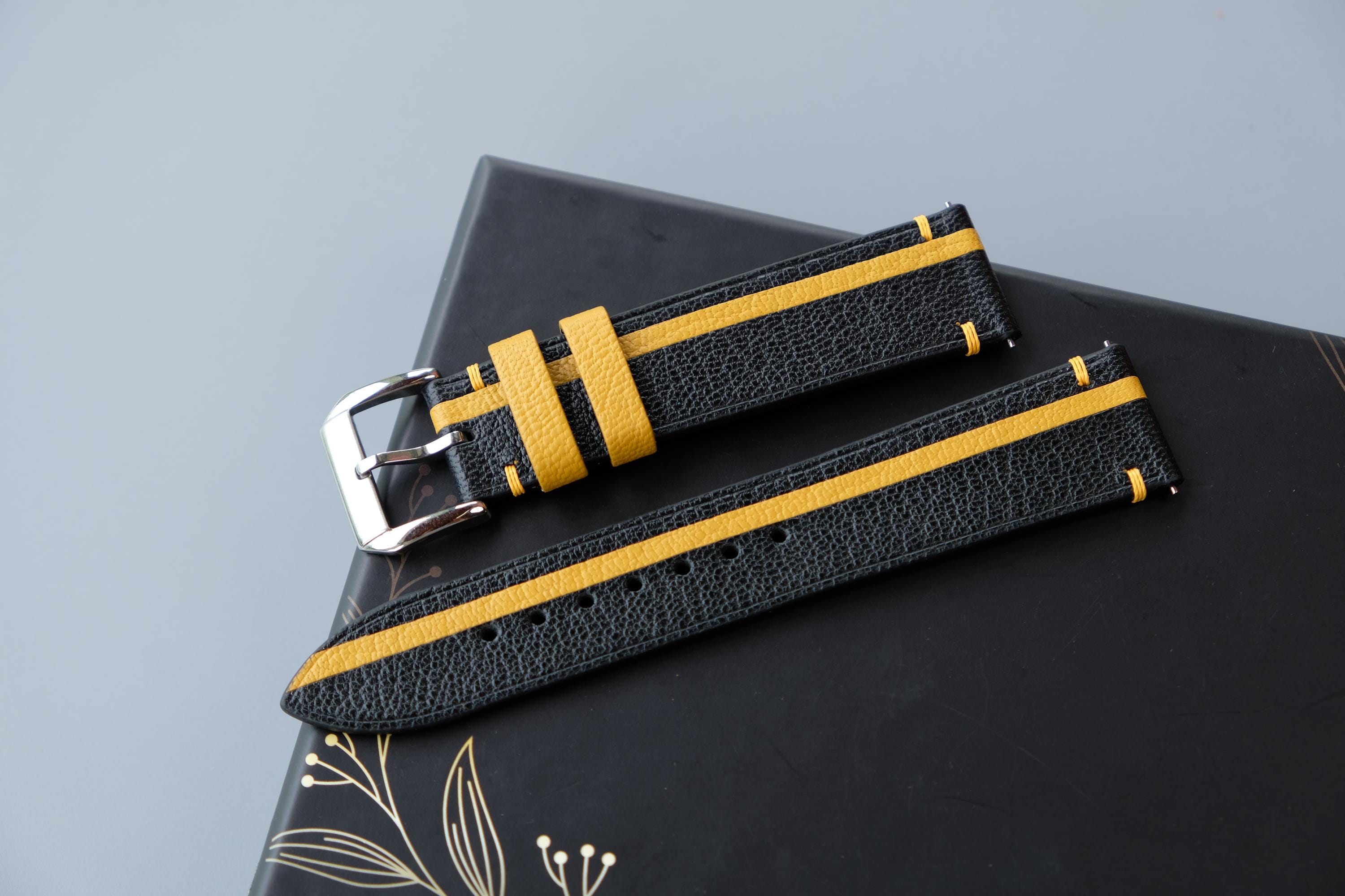 Two-tone Leather Watch Strap: Black & Yellow Chevre Sully, Handmade - Etsy