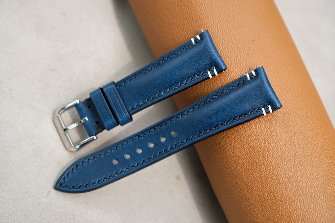 Handmade Buttero Leather Watch Strap: Navy Blue Custom Band - Etsy