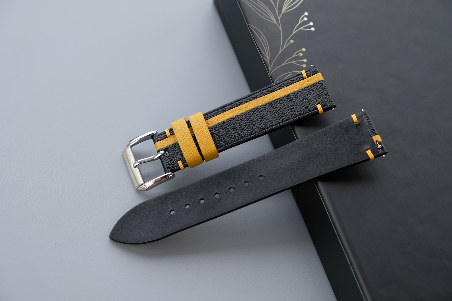 Two-tone Leather Watch Strap: Black & Yellow Chevre Sully, Handmade - Etsy