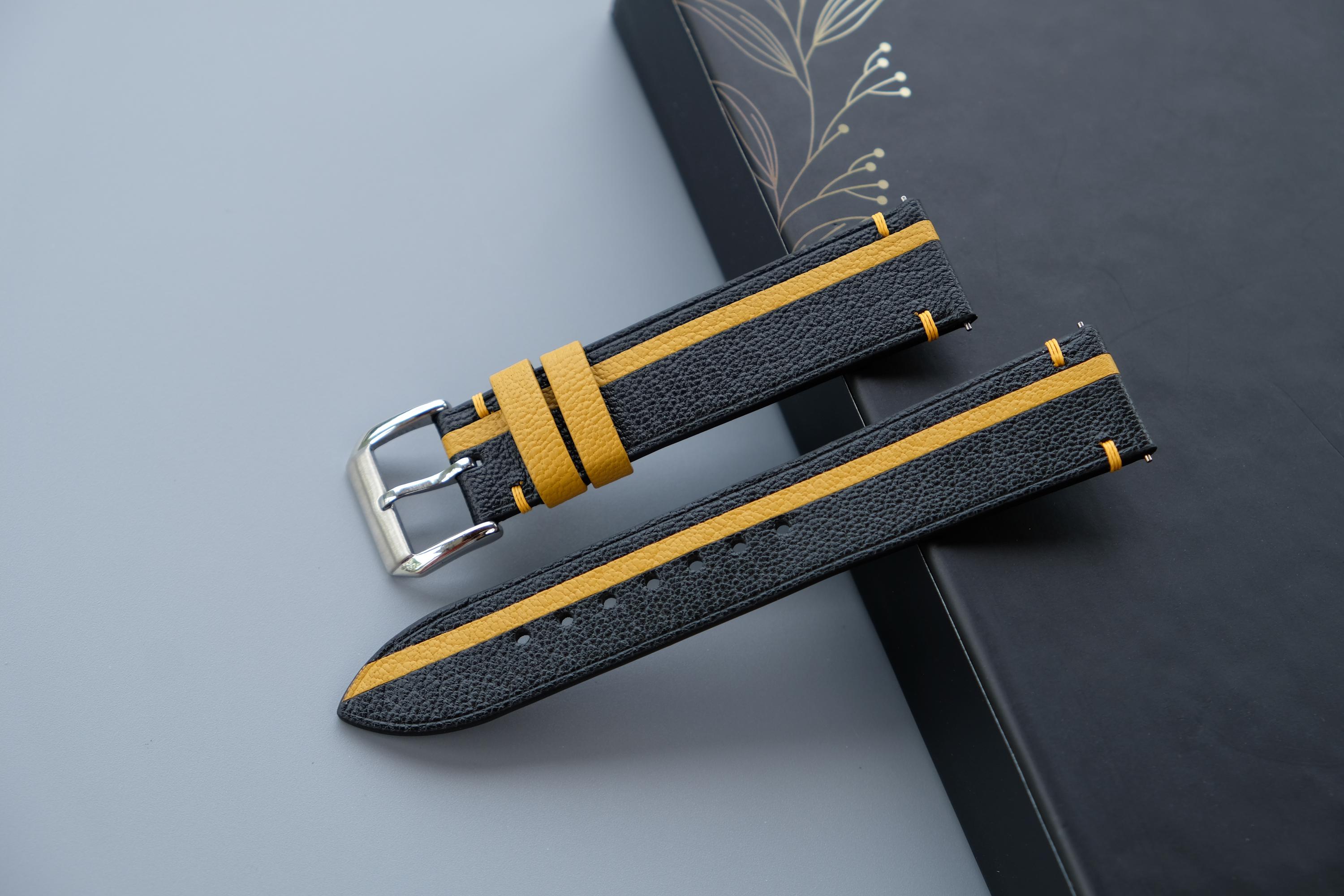 Two-tone Leather Watch Strap: Black & Yellow Chevre Sully, Handmade - Etsy