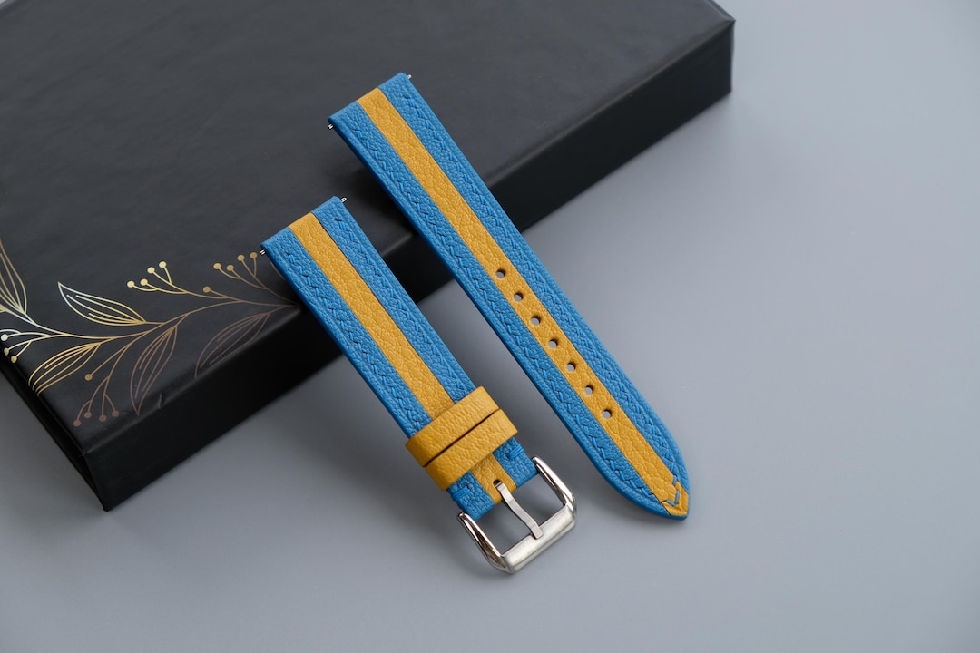 Two-tone Leather Watch Strap: Light Blue & Yellow Chevre Sully, Custom ...