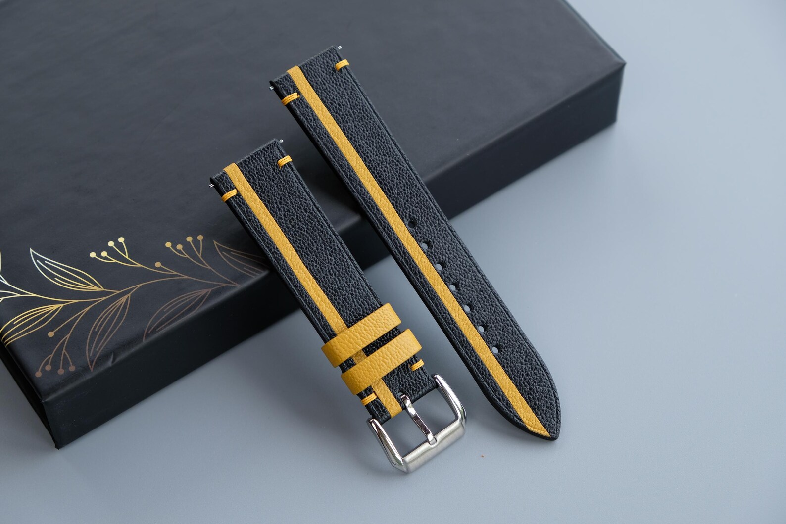 Two-tone Leather Watch Strap: Black & Yellow Chevre Sully, Handmade - Etsy