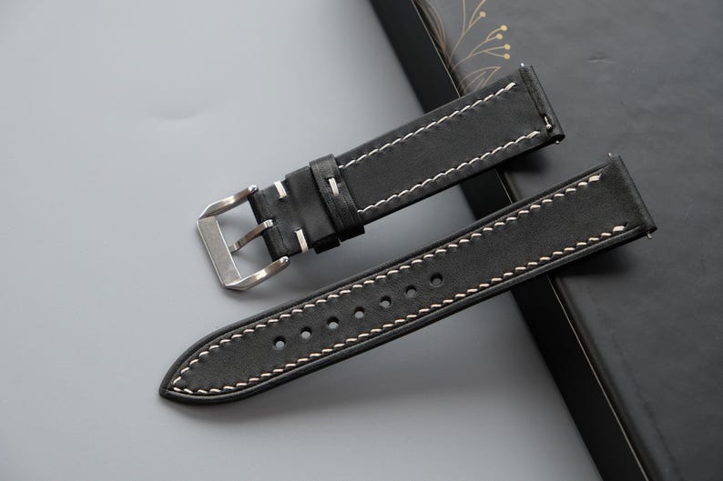 Black Maya Leather Watch Strap: Handmade With Stitching (26mm-10mm) - Etsy