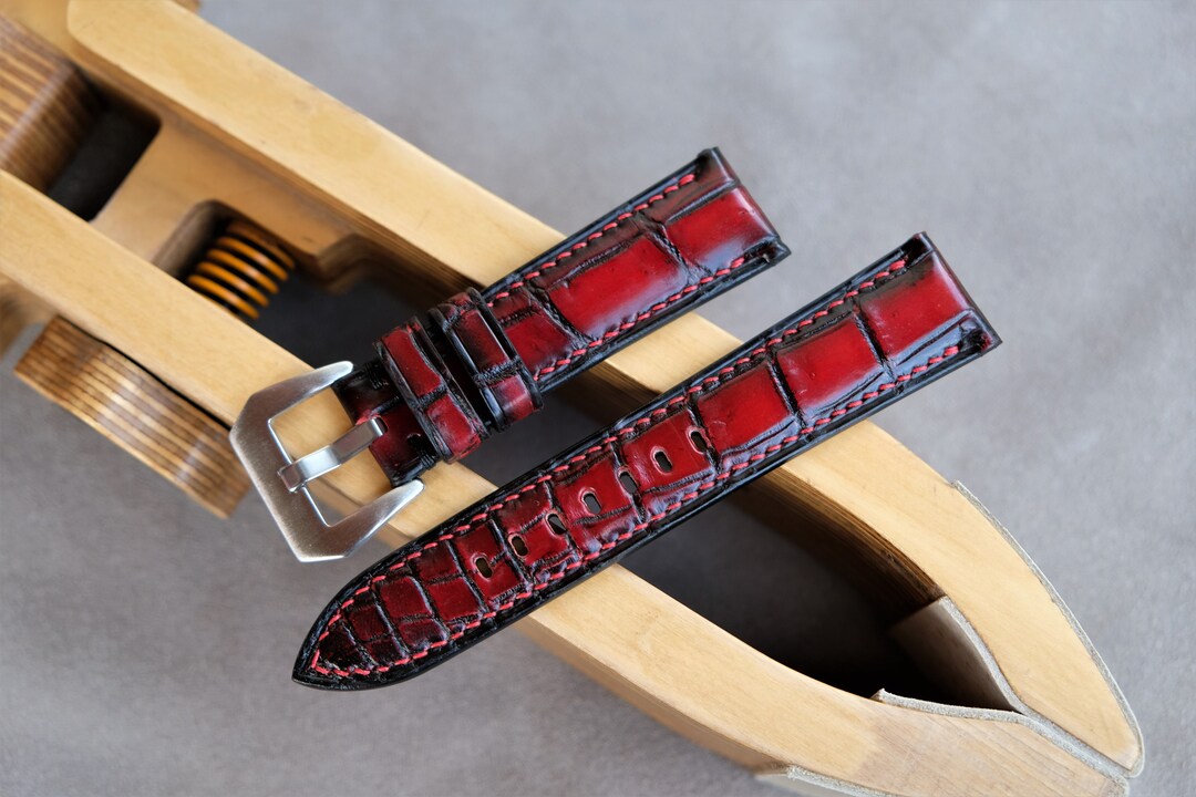 Handmade Red Leather Watch Band: Vintage Style (26mm-16mm) - Etsy