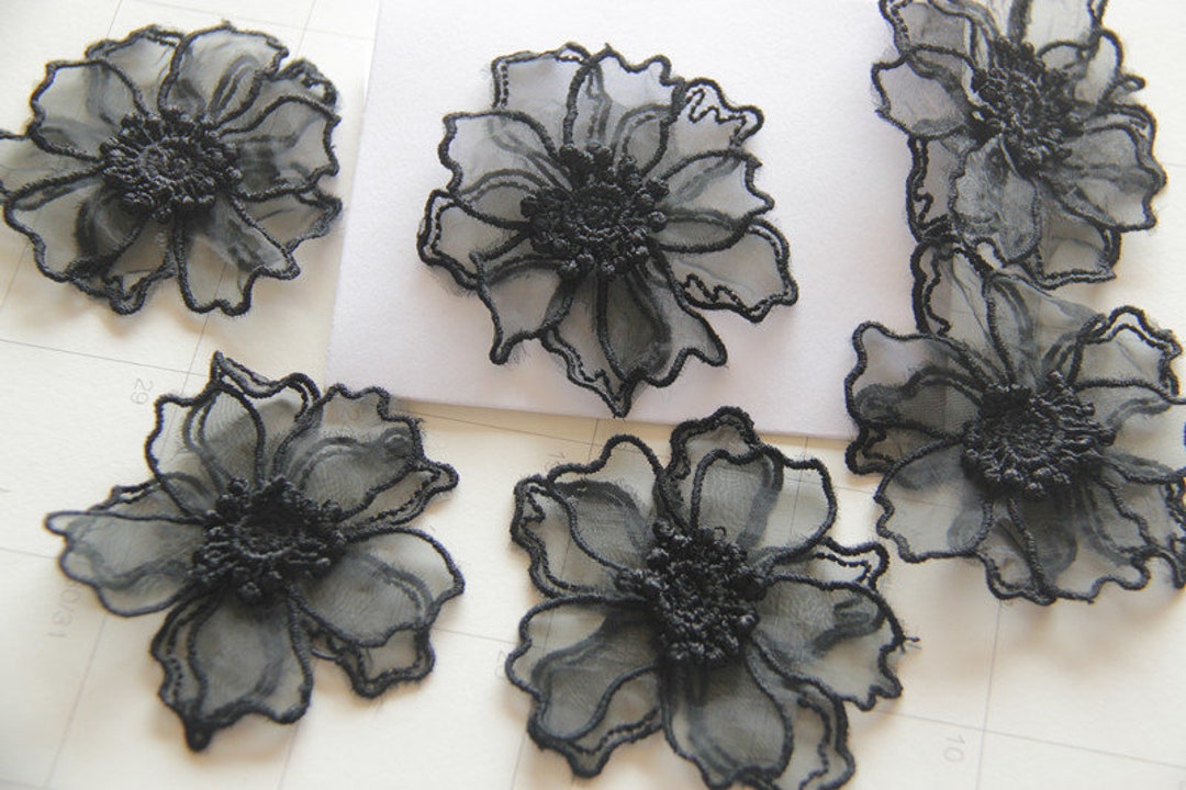 2x Black Lace Flower,3d Lace Appliques,bridal Hair Flower,brooch Flower ...