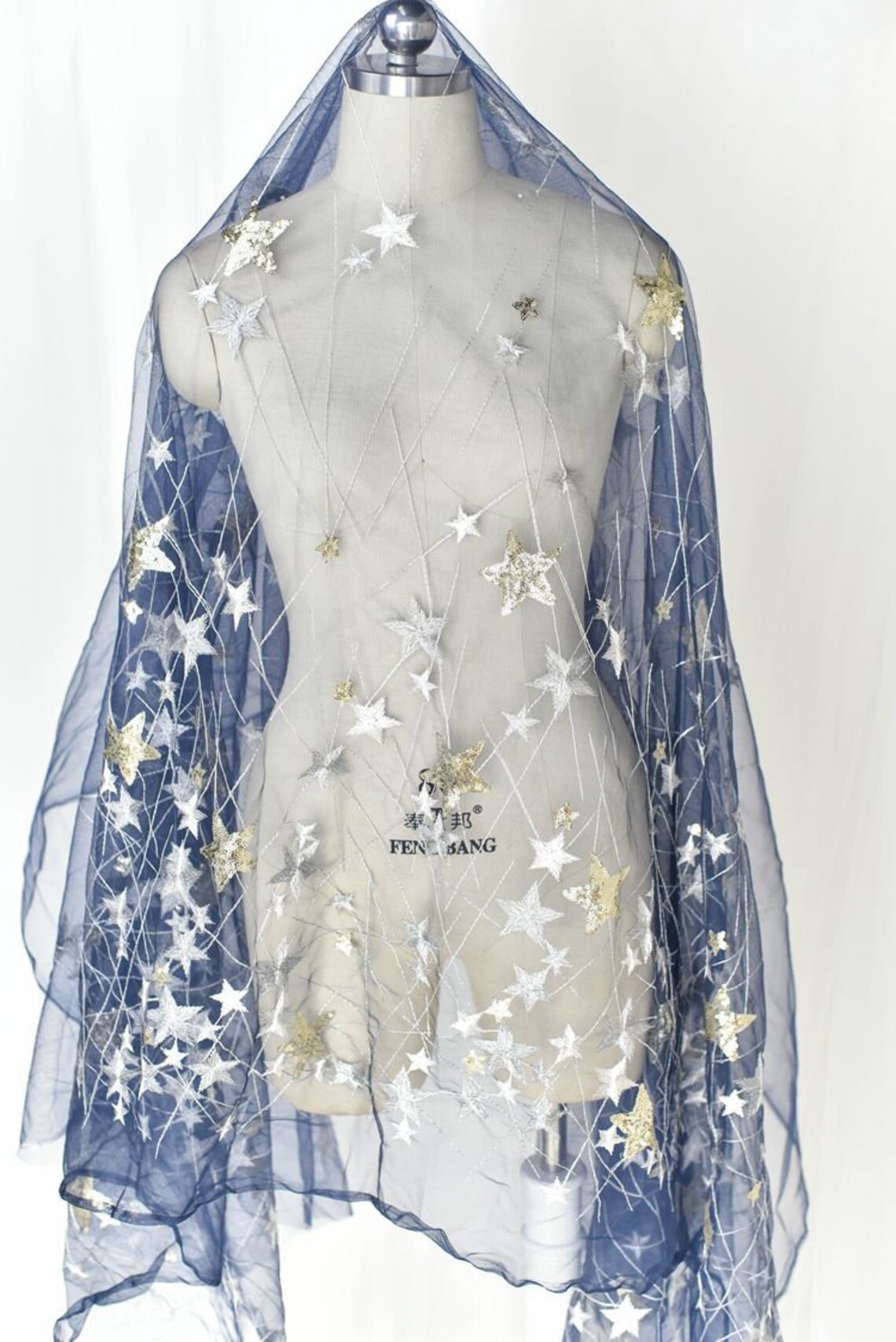 Navy Blue Embroidery Celestial Lace Fabrics Sewed Golden and - Etsy