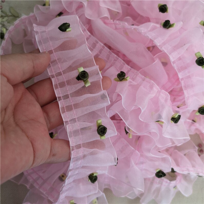 Pink Ruffled Chiffon Lace Trims Embroidered 3D Floral Ribbons - Etsy