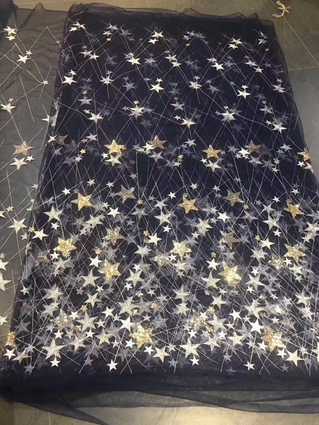 Navy Blue Embroidery Celestial Lace Fabrics Sewed Golden and - Etsy