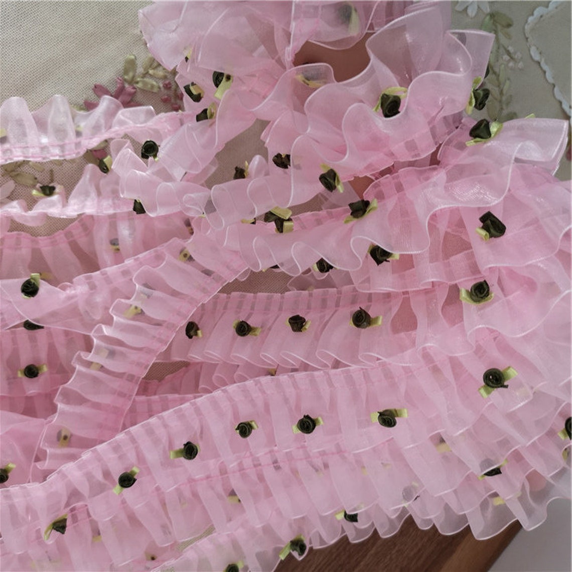 Pink Ruffled Chiffon Lace Trims Embroidered 3D Floral Ribbons - Etsy