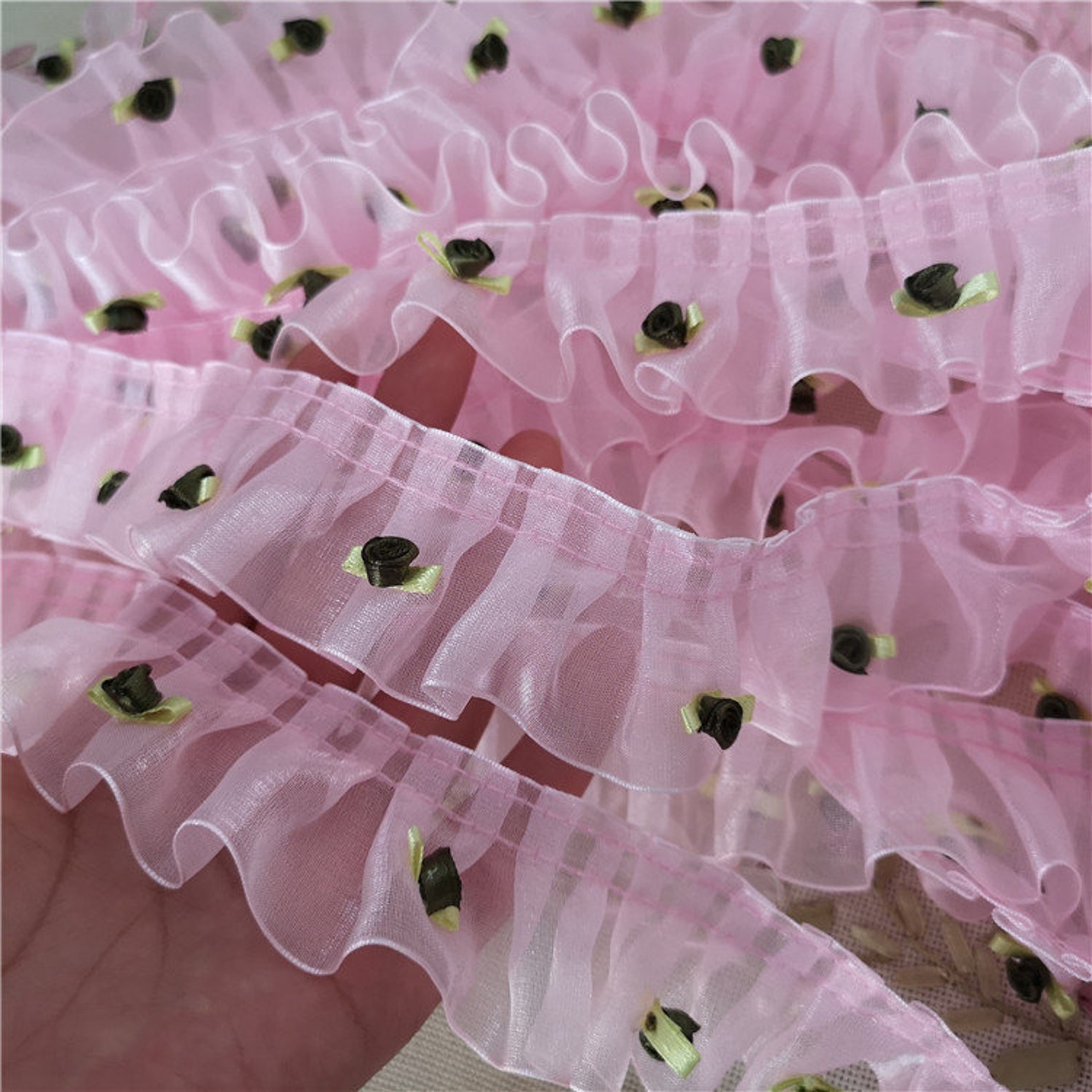 Pink Ruffled Chiffon Lace Trims Embroidered 3D Floral Ribbons - Etsy