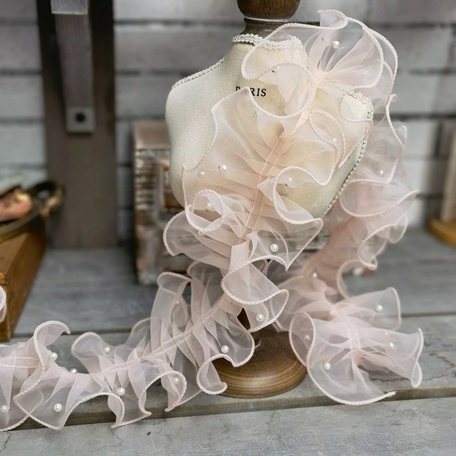 Gorgeous Organza Made Lace Ruffle,pleated Trims,with Beads,double Edge ...