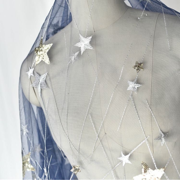 Navy Blue Embroidery Celestial Lace Fabrics Sewed Golden and - Etsy