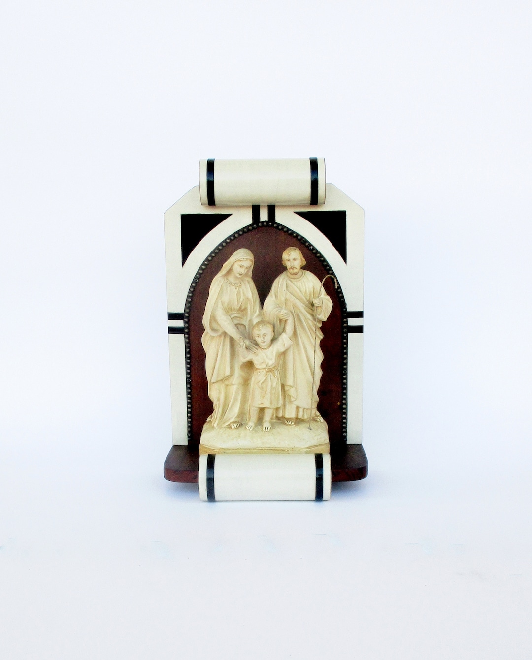 Antique Holy Family Ceramic Sculptures on Wooden Wall Mount Art Deco ...