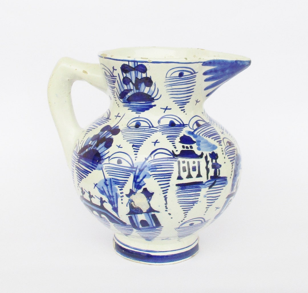 Antique Portuguese Blue Canton Pattern Ceramic Faience Jug Pitcher ...
