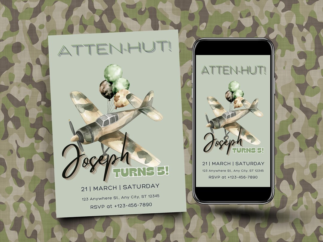 Military Birthday Invitation for Boy, Atten-hut Camo Plane Party Invite ...