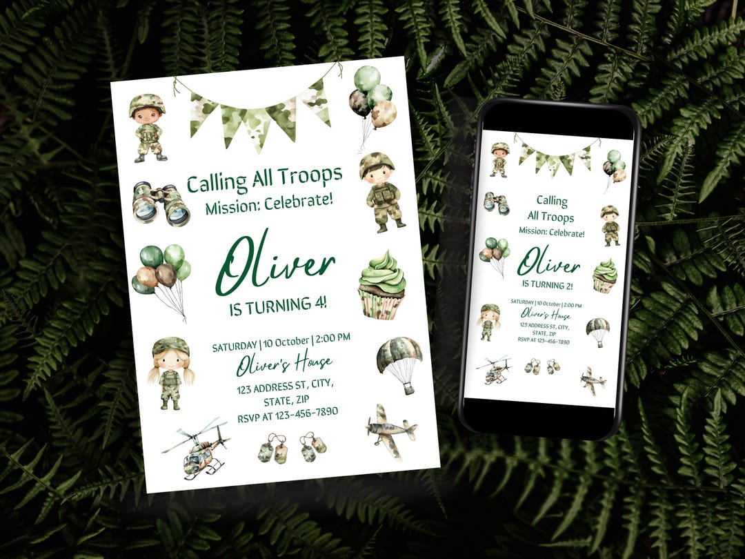 Kids Army Birthday Invitation, Children's Military Birthday Party Invite, Printable, Gender ...