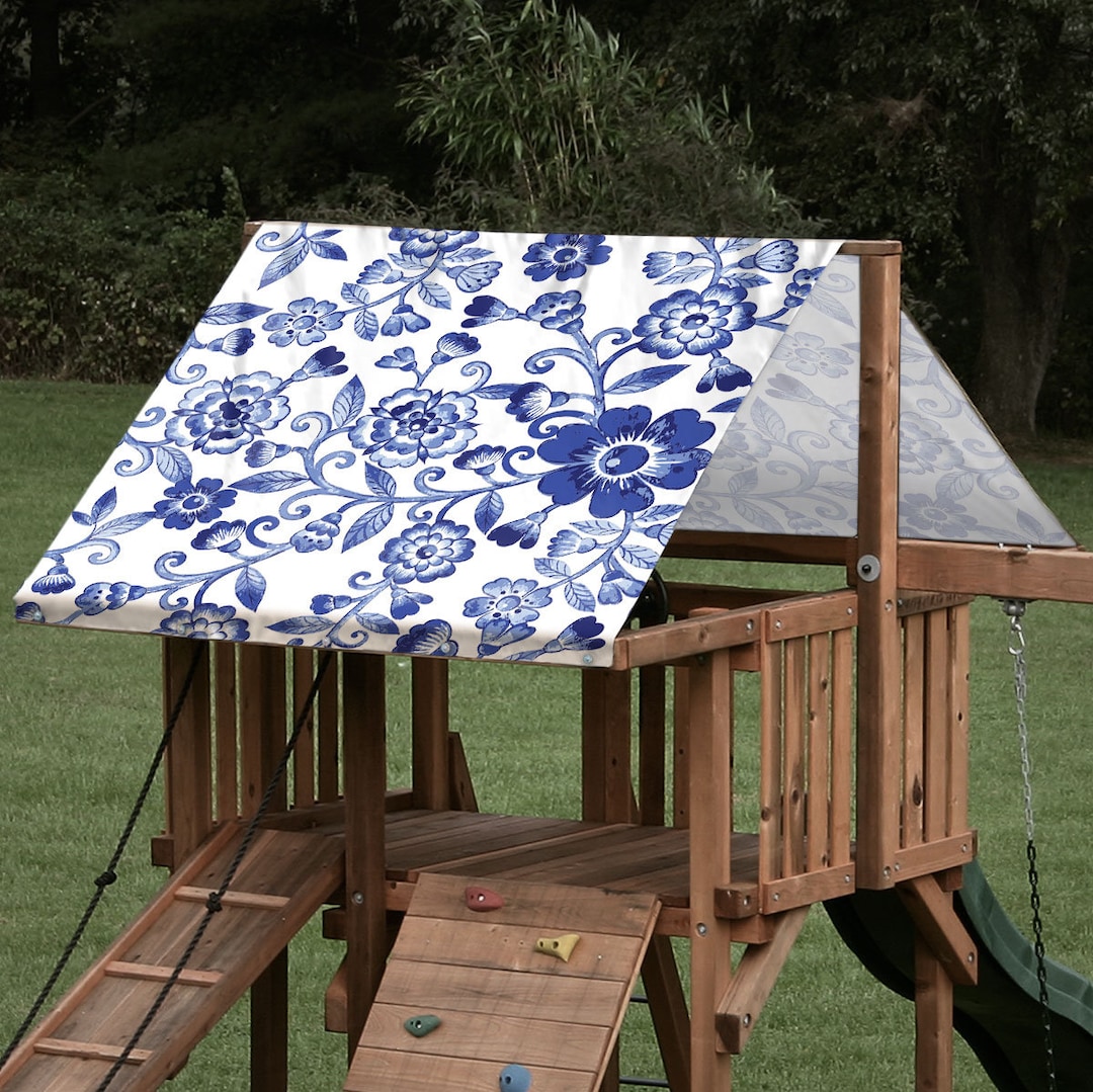 Heavy Duty 15 Oz Custom Blue Flower on White Tarp \ Canopy for Outdoor ...