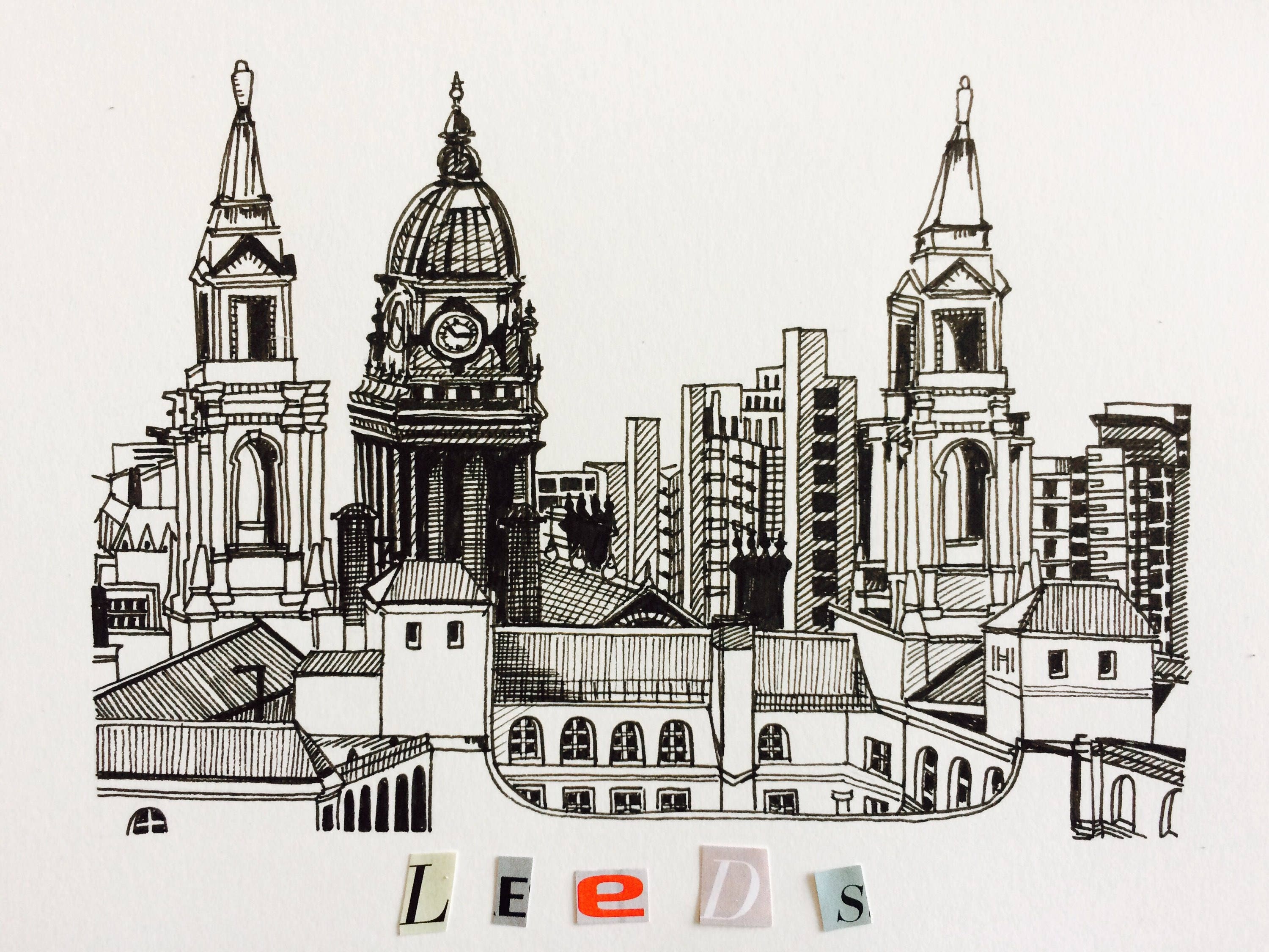 Leeds skyline black and white pen drawing with collage | Etsy