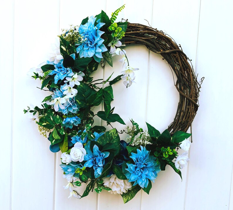 Blue Floral Wreath | Coastal Grapevine Door Decor, 23 Inch - Etsy