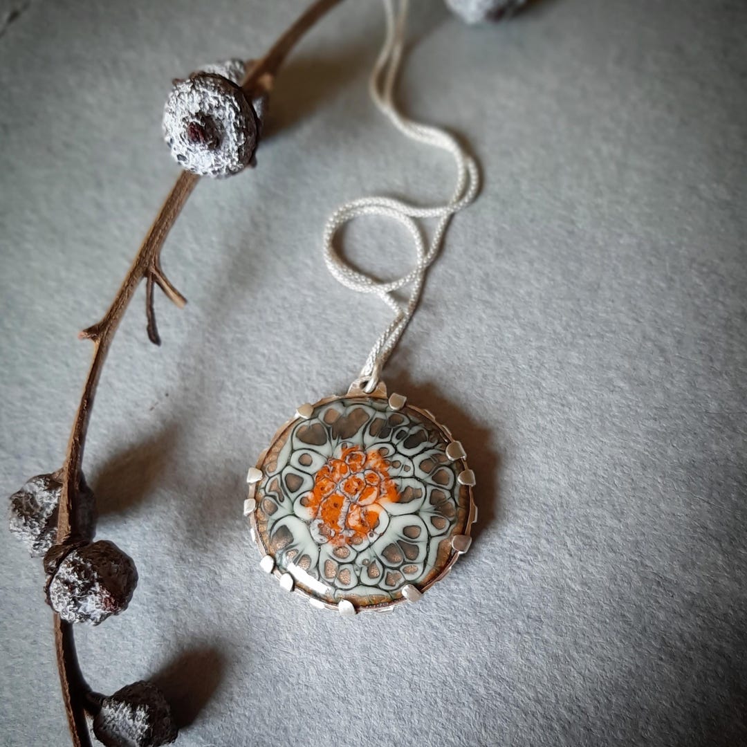 Spectacular Reversible Pendant in Silver and Grey and Orange Enamels, Unique Contemporary ...