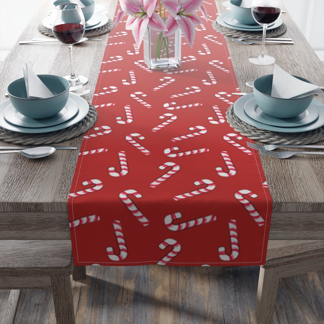 Christmas Candy Canes Cotton Table Runner, Holiday Table Runner, Candy ...