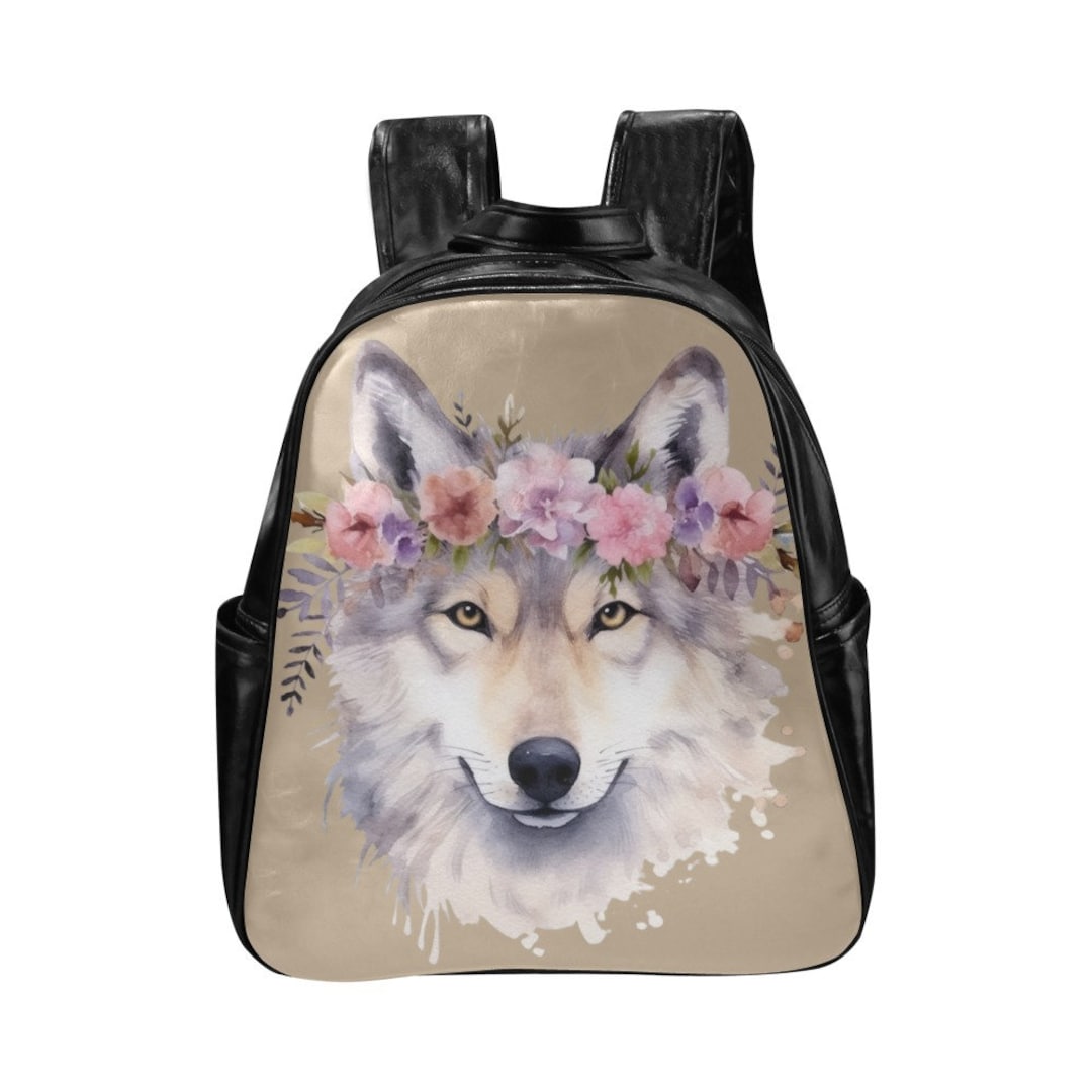 Boho Wolf Mini Vegan Leather Backpack, Wolf W/ Flowers Bag, Wolf ...