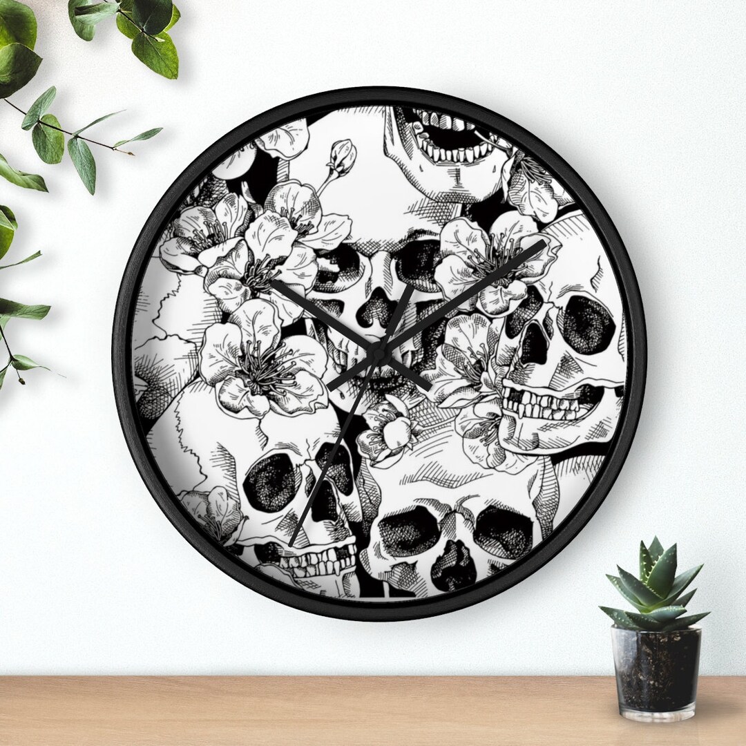 Floral Skulls Wooden Clock, Gothic Clock, Skulls Gift, Skeleton Décor ...