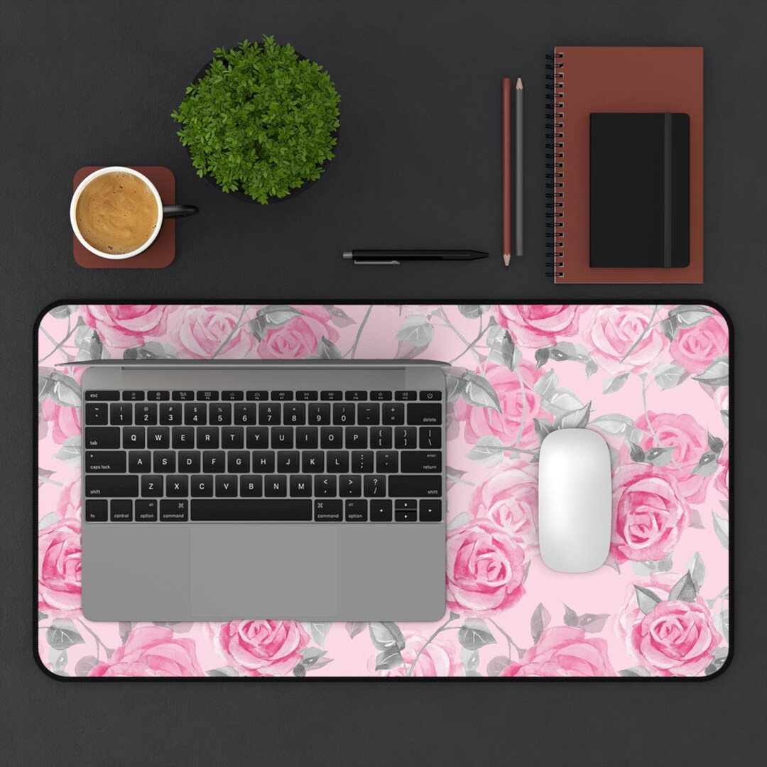 Pink Roses Desk Mat, Roses Mouse Pad, Spring Office, Pink Desk Mat ...