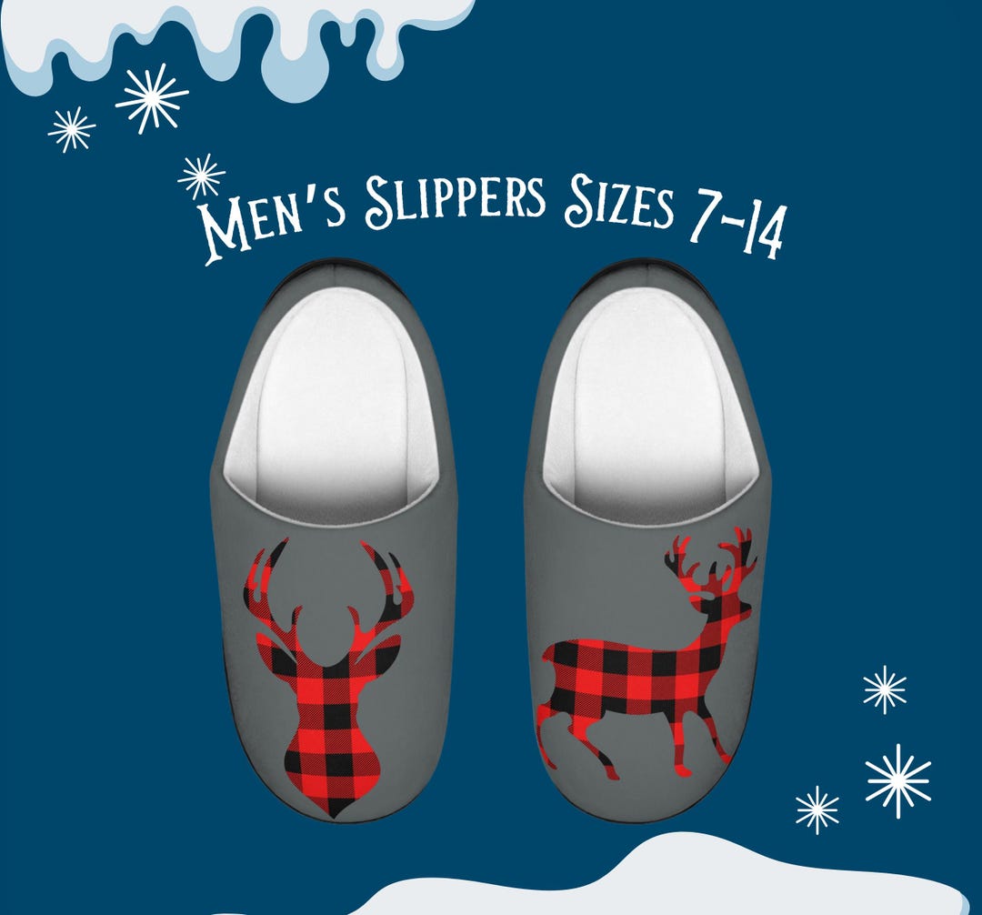 Men's Red Plaid Deer Winter Slippers, Sizes 7-14, Men's House Shoes ...