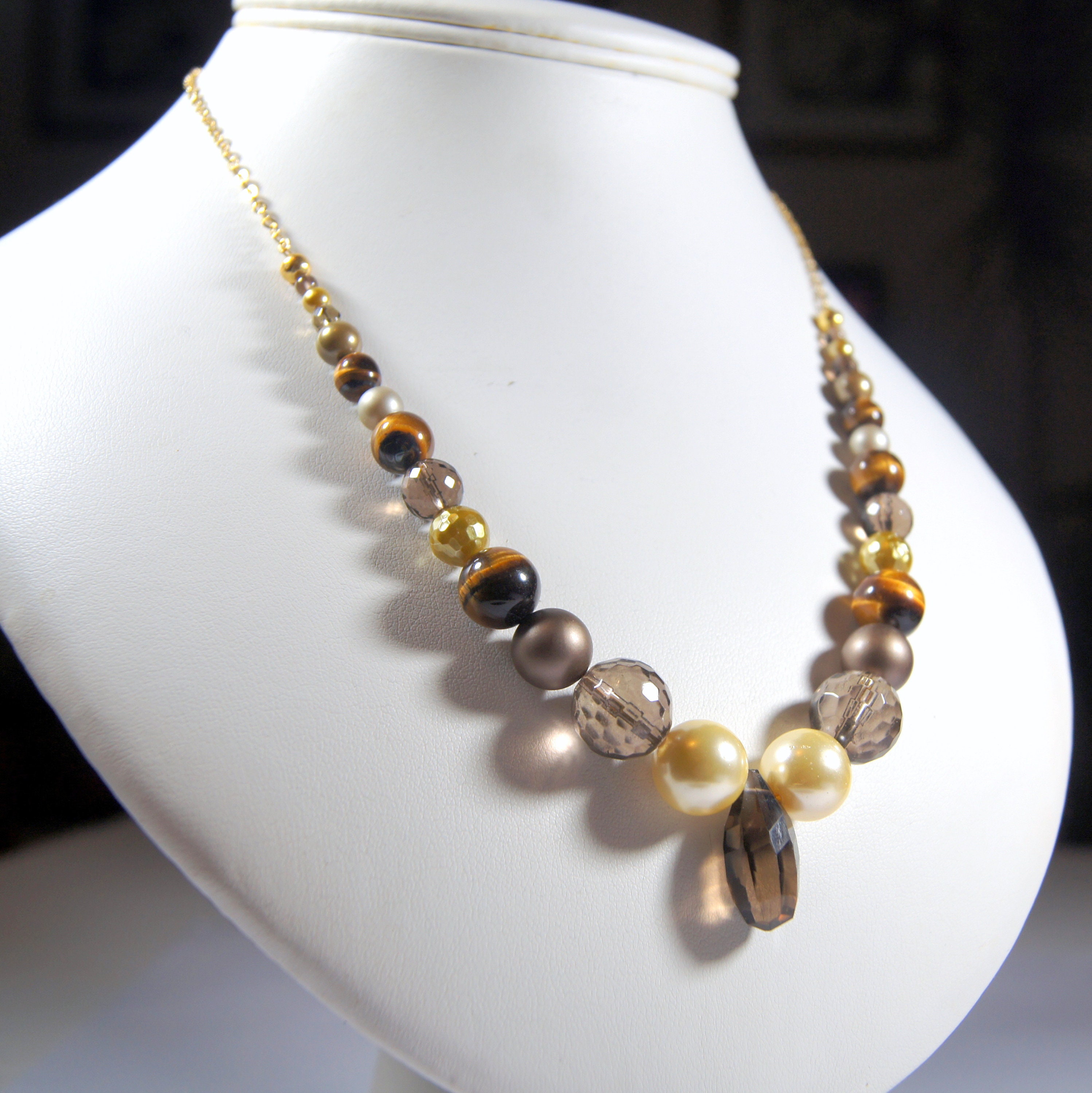 Smokey Quartz Tigers Eye & Shell Pearl Statement Necklace Multi ...