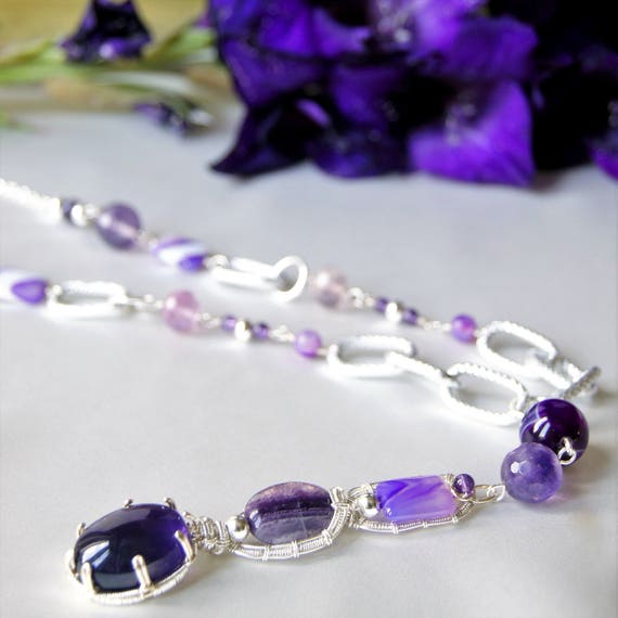 Statement Necklace Purple Gemstones Longline Silver Y necklace Amethyst Banded Agate Fluorite Amethyst Jewellery Unique Jewelry Etsy