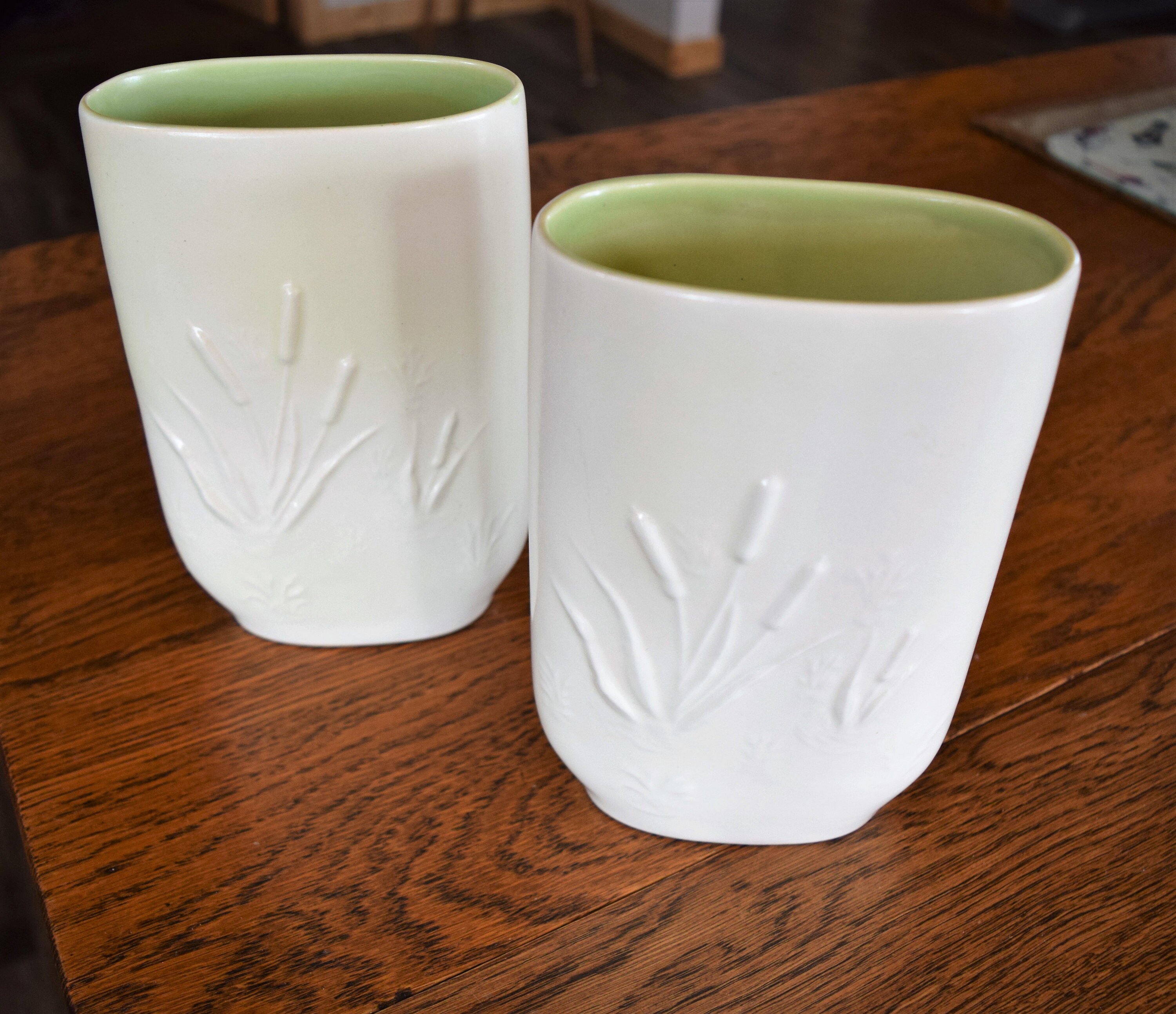Vintage Red Wing Pottery Cattail Planter Set / Two Vases Set, Cream/ Green, Embossed, 0val, Red ...